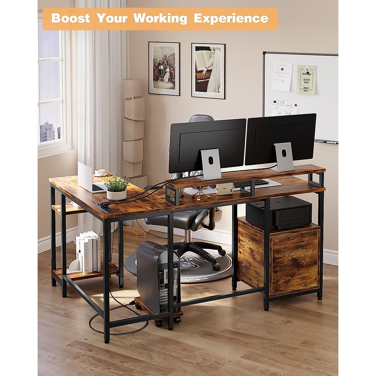 L Shaped Office Desk, 67" Home Office Desk with File Drawer & Power Outlet, Gaming Desk with Mobile CPU Stand, Corner Computer Desk with Monitor Shelf, Printer Storage Shelves, Two Person Desk, Brown