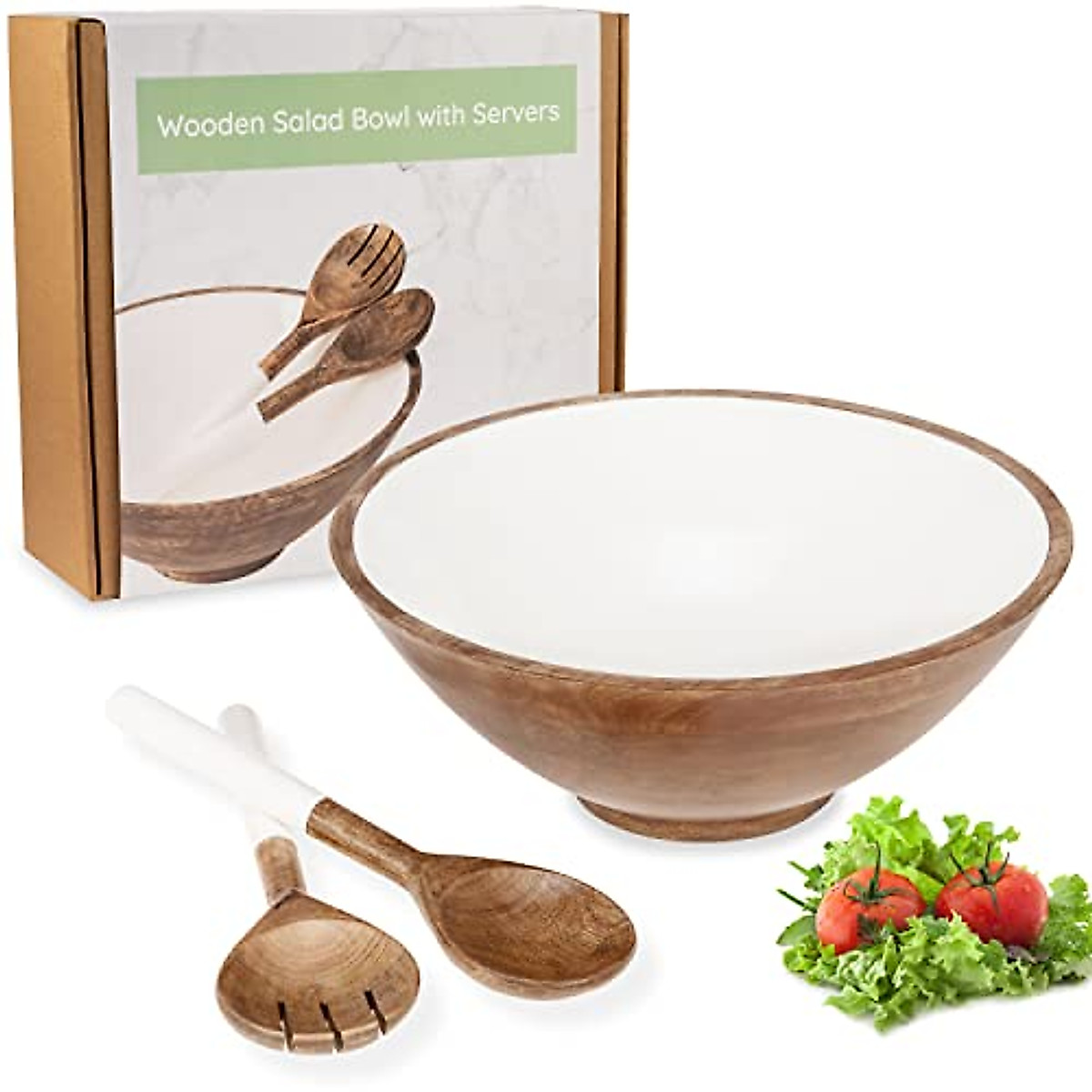 Wooden Salad Bowl Set Large 12" with Server Tongs Spoons, White Bowl with Utensils for Kitchen Gift Decor