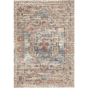 nuLOOM Marley Traditional Medallion Fringe Area Rug, 4' x 6', Beige, Rectangular, 0.3" Thick