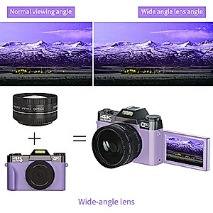 Vlogging Camera for YouTube, 4K 48MP Digital Cameras for Photography with WiFi, 16X Digital Zoom Manual Focus 52mm Wide-Angle Lens & Macro Lens, 32G Micro Card and 2 Batteries (Purple)