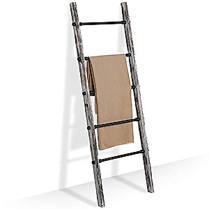 MyGift Urban Rustic Torched Wood Blanket Ladder Decor with 5 Industrial Metal Rungs, 5 Foot Wall Leaning Towel Storage Rack