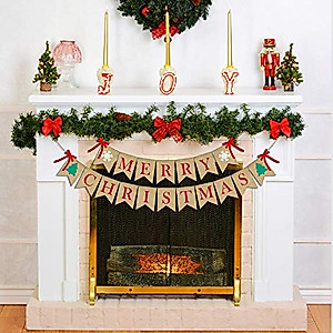 PACETAP Merry Christmas Banner Burlap,Christmas Fireplace Banner Christmas Wall Banners,Christmas Tree Decor,Christmas Home Chimney Indoor Decorations, Christmas Chimney Banner with 4 Red Bows