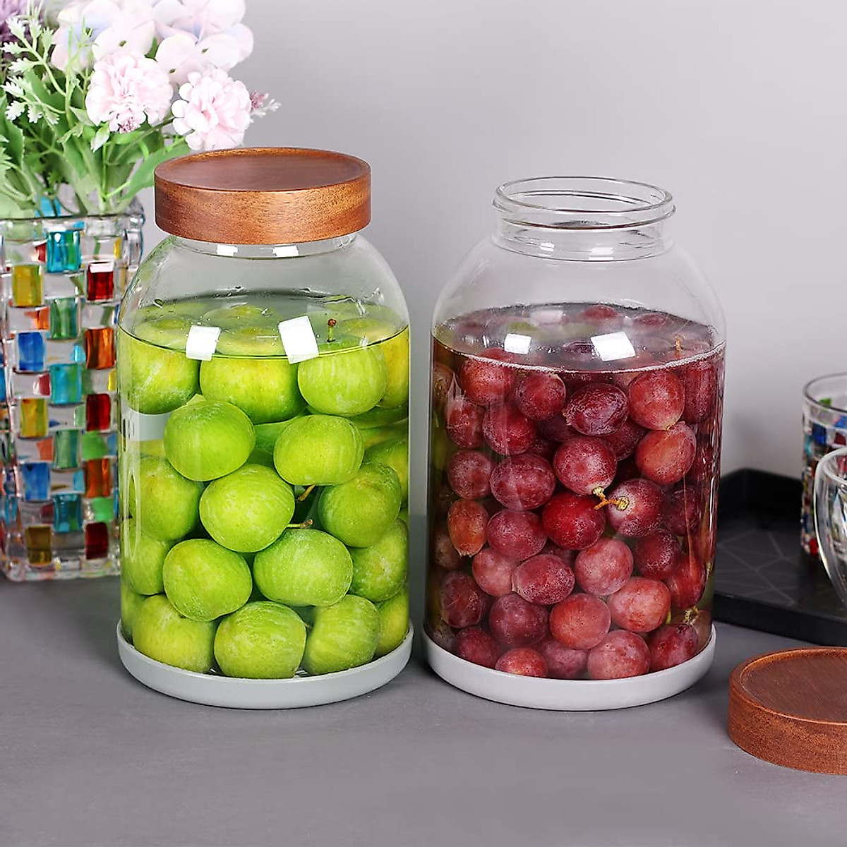 2 Pack 95 OZ Glass Jar with Screw on Lid, Large Glass Canister with Airtight Wooden Lid for Kombucha, Sun Tea, Meal Prep, Food Storage, Drinking, Overnight Oats, Dry Food, Spices, Salads, Yogurt