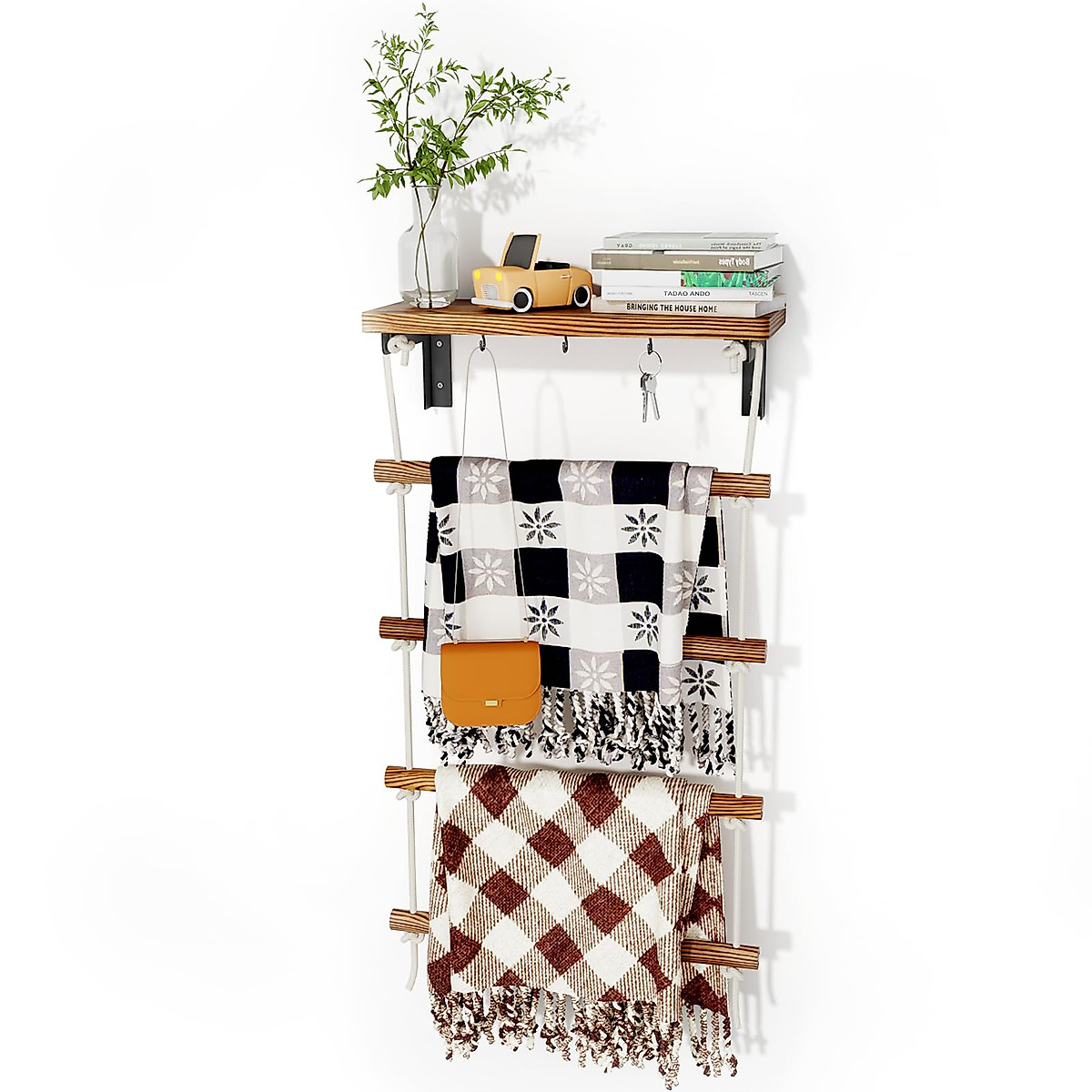 Delywh 5 Tier Wall Blanket Ladder Floating Shelves, with Rustic Rope Wooden Blanket Storage, Throw, Towel, Quilt Rack for The Living Room, Bathroom, Bedroom, Farmhouse Wall Blanket Holder, Brown