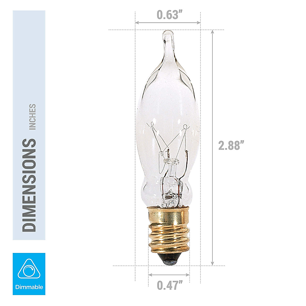 KOR (12 Pack) 7.5CFC/15/3 7.5W 120 Volt, Flame Candelabra Tip Chandelier Bulb, Clear CA5 Incandescent, Petite Decorative Lamp, E12 Candelabra Brass Plated Base, 40 Lumens, Dimmable.