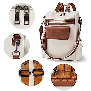 CASEEK Womens Backpack Purse Leather: Fashion Convertible Ladies Shoulder Bag Waterproof Anti theft with Wristlet (Beige With Brown)