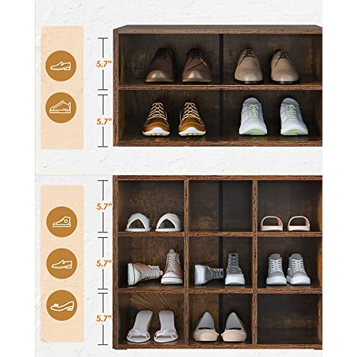 HAIOOU Shoe Cubby, 9-Cube Stackable Wood Shoe Rack Organizer 5-Tier Freestanding Wooden Shoe Stand with 2 Storage Shelf for 10-15 Pairs, Ideal for Apartment Entryway Closet Organization - Rustic Brown