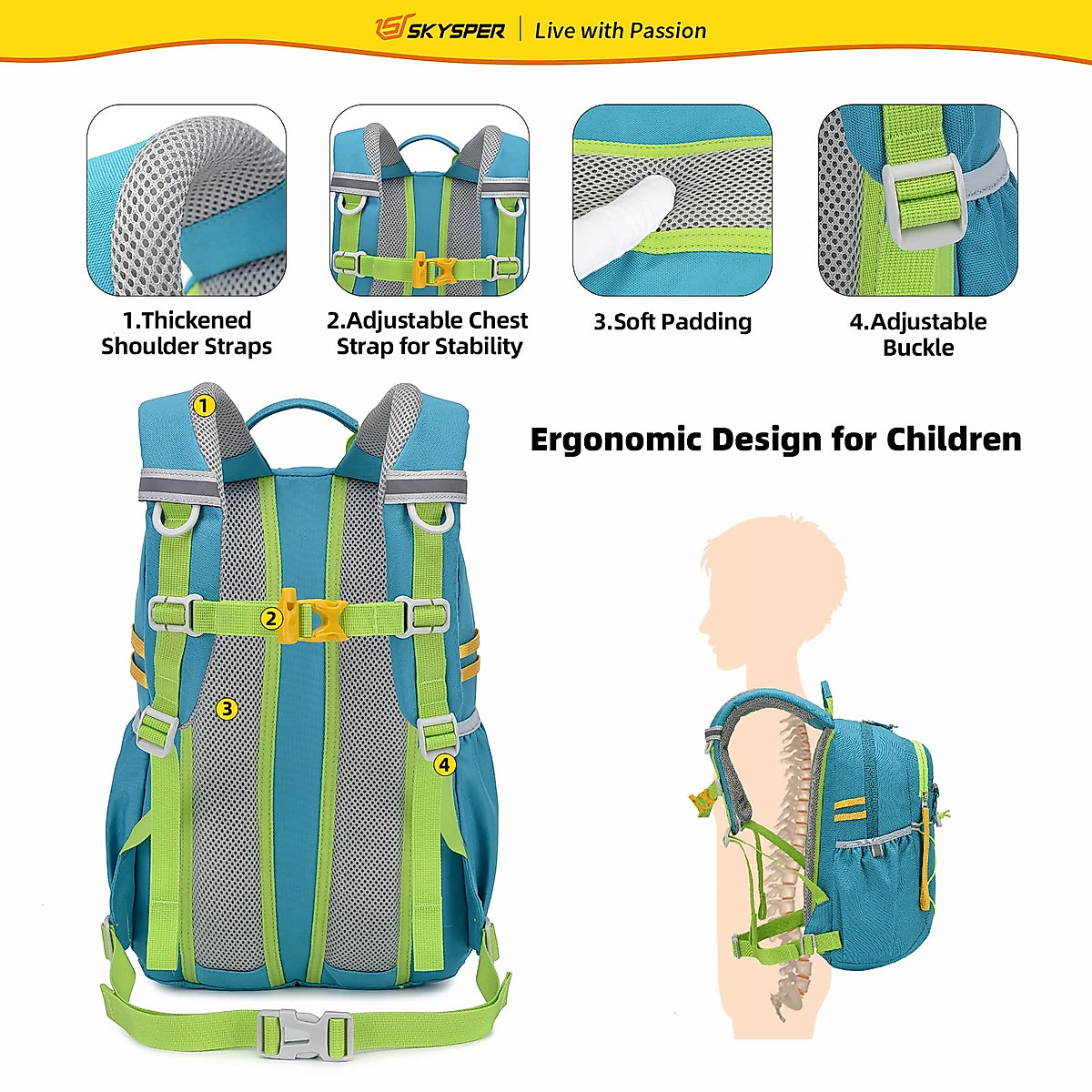 SKYSPER Kids Backpack 12L Children School Bag Child Boy Girl Outdoor Travel Pack Ages 4-8 for Day Trips Classes Camping(Teal)