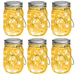 Mlambert Mason Jar Solar Lights 30 LEDs, 6 Pack Hanging Solar Lights Outdoor, Waterproof Fairy Lights Solar Lanterns for Patio Garden, Hangers and Jars Included- Warm White