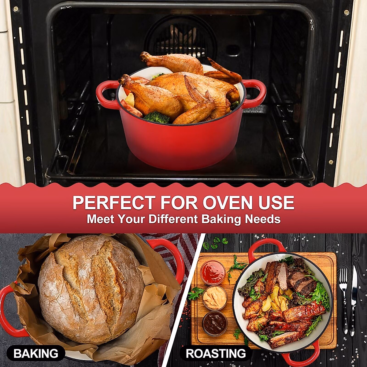 6 Quart Enameled Dutch Oven with Lid, P&P CHEF 6 Qt Cast Iron Dutch Oven Pot, Enamel Round Dutch Oven Cooking Stock Pot for Braising, Stewing, Roasting, Baking, Various Stoves & Oven Safe (Red)