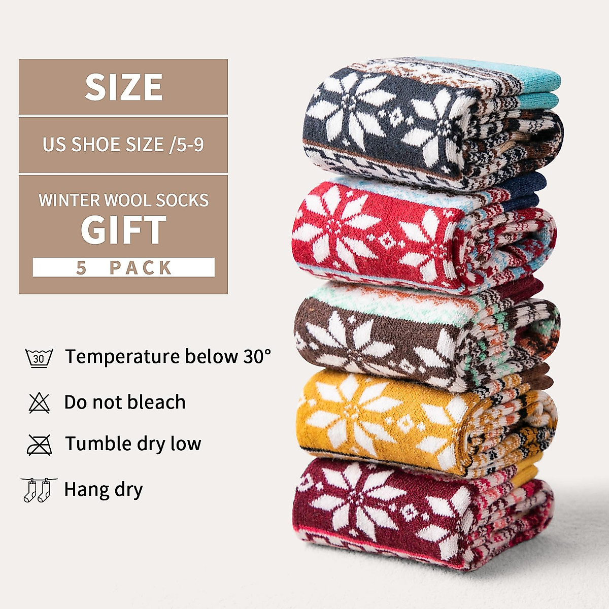 Nimalpal Wool Socks for Women - Soft 5 Pairs Wool Socks Womens for Winter Hiking Cozy Warm, Octagon Ethnic