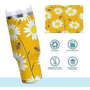 RPLIFE White Daisies Bees Warm Yellow 40 Oz Tumbler with Handle and Straw, Stainless Steel Tumbler with Straw, Coffee Tumbler