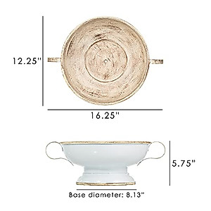 Ka Home Distressed Metal Bowl for Decorative Centerpiece, Table, Home Decor - Rustic White Large Footed Bowl with Handles - Farmhouse Kitchen Decor Accent