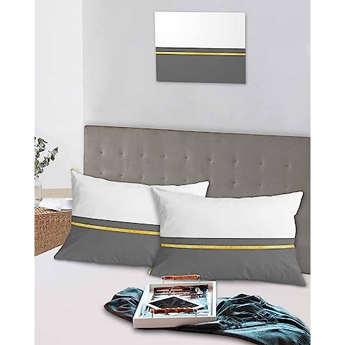 Edwiinsa Grey White Pillow Covers Standard Size Set of 2 20x26 Bed Pillow, Luxury Yellow Lace Modern Abstract Art Aesthetics Plush Soft Comfort for Hair/Skin Cooling Pillowcases with Envelop Closure