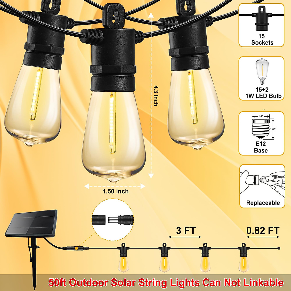 LONIUTO Outdoor Solar String Lights, 50 FT Solar Powered LED String Outdoor Lights Waterproof & Shatterproof, Patio Solar Hanging Lights with 15 Bulbs, Decorative Lights for Outdoor Backyard