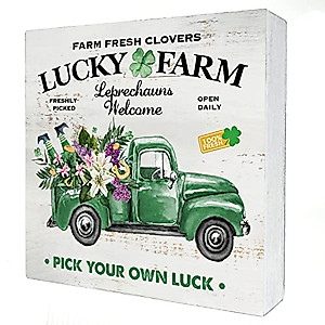 Lucky Farm Shamrock Wood Box Sign Decor Rustic Green Pickup St. Patrick's Day Wooden Box Sign Block Plaque for Wall Tabletop Desk Home Decoration