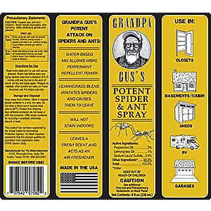 Grandpa Gus's GSS-8-BAG-1 Potent Spider & Ant Spray, All-Natural Water-Based Peppermint and Lemongrass Oil Mix, Fresh Scent, No Stains, Use In Closets, Basements/Cabin, Sheds, RV & Garages, 8oz Bottle