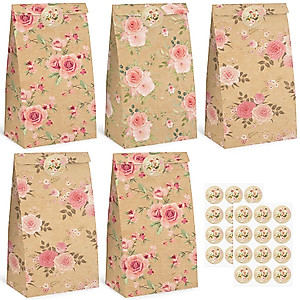 VGOODALL 24PCS Floral Gift Bags, Kraft Paper Treat Bags Party Favor Bags Lunch Bags with Stickers for Weddings Birthday Baby Shower Party Supplies