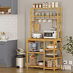 FORABAMB Bakers Rack with Power Outlets, 8-Tier Microwave Stand, Kitchen Utility Storage Shelf 10 S-Shaped Hooks, Coffee Bar Table Station, Standing Rack, 31.5 x 15.7 x 65 Inches, Bamboo