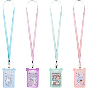 IUAQDP 4 Pieces Little Bear Ear ID Badge Holder with Flat Neck Lanyard, Cute Cartoon Animal Name Card Case Nametags Protector, Hanging Credit Card Cover for Nurse Student Women Girl Boy School Office