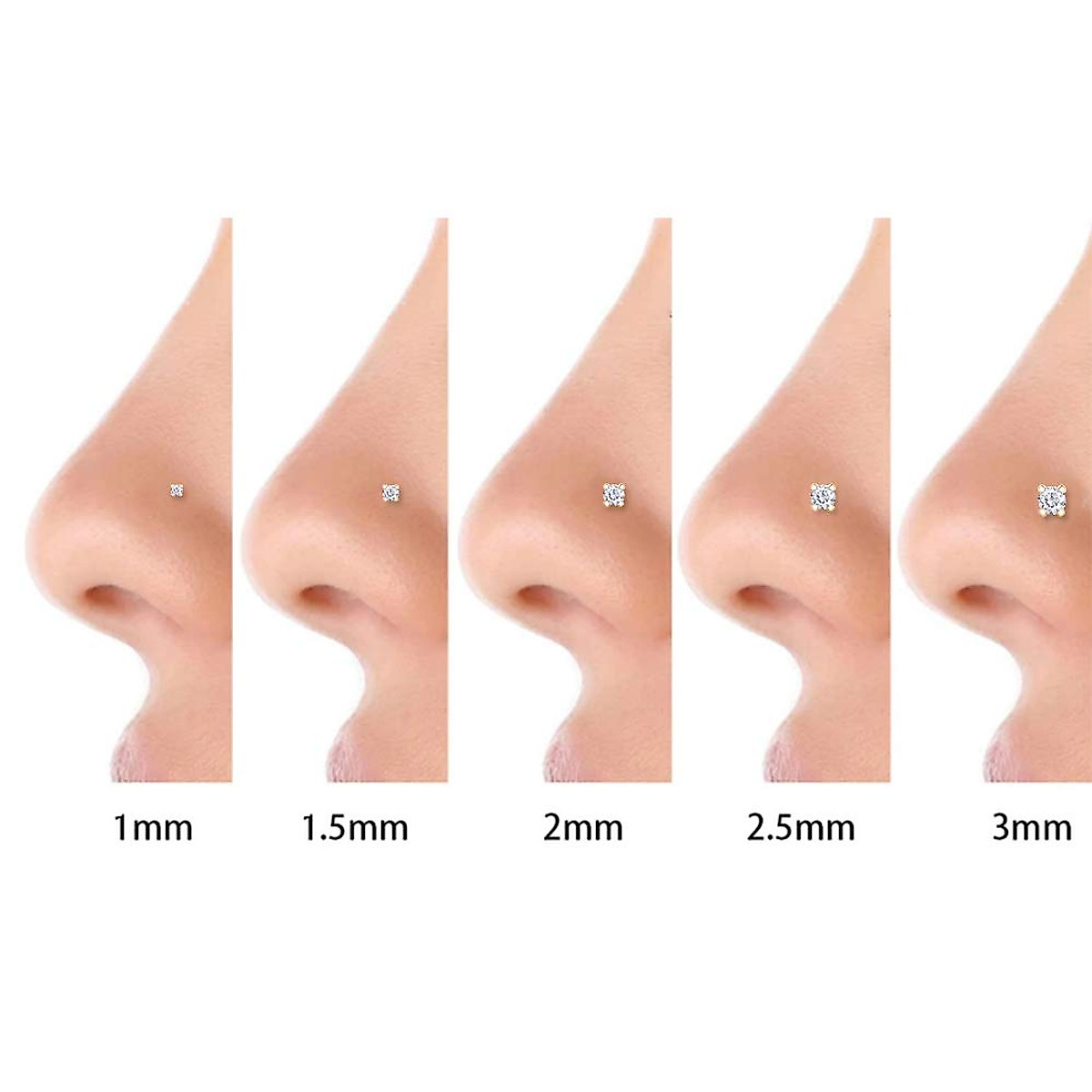 THE JEWEL ZONE 14K Solid Yellow Gold 22G Nose Stud Ring Jewelry Cubic Zirconia 1/1.5/2/2.5/3 MM