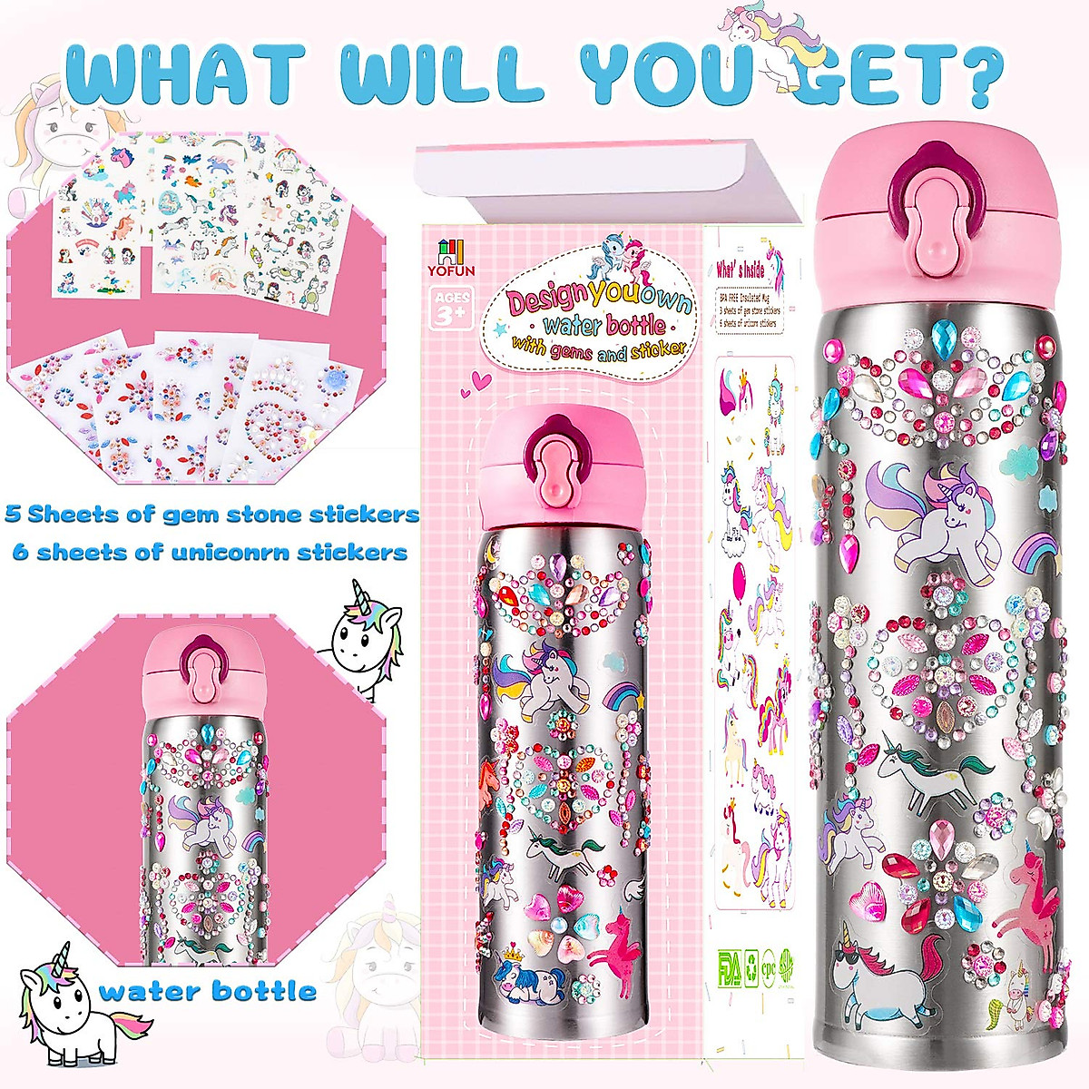 YOFUN Decorate Your Own Water Bottle with 11 Sheets of Unicorn Stickers & Glitter Gems, Craft Kit & Art Kit for Children, Gift for Girls Age 4 5 6 7 8 9 10 Years Old Kids, BPA Free Insulated (Silver)