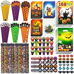 Keenvark 168 PCS Halloween Party Favors,24 Pack Stationery Supplies Set, Halloween Treats for Kids, Halloween Goodie Bag Fillers including Pencils,Erasers,Rulers,Stickers,Stamps,Notepads and Gift Bags