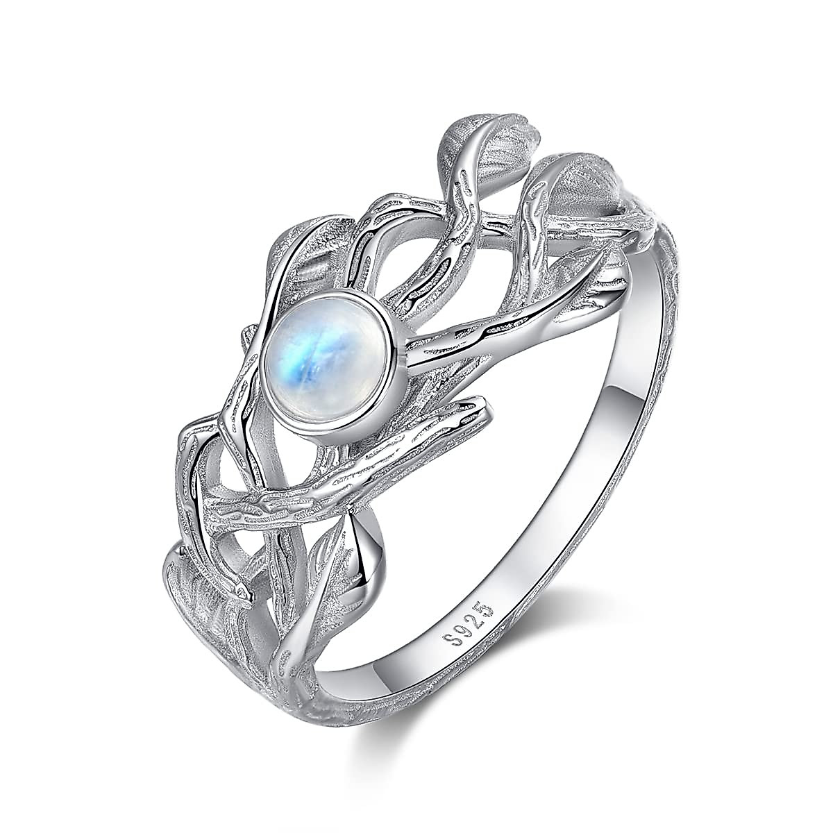 Angol Genuine Moonstone Ring Sterling Silver Leaf Moonstone Ring Statement Band Finger Minimalist Ring for Women with Gift Box (9)