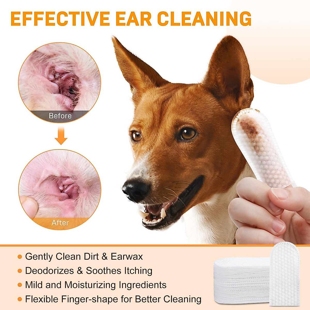 Kopmath Dog Ear Wipes, Ear Cleaner Finger Wipes for Dogs & Cats, Gently Remove Earwax & Odor, Soothe Ear Itching and Infection, Easy to Use, Natural Cat Ear Wipes for Dogs, 50 Disposable Count