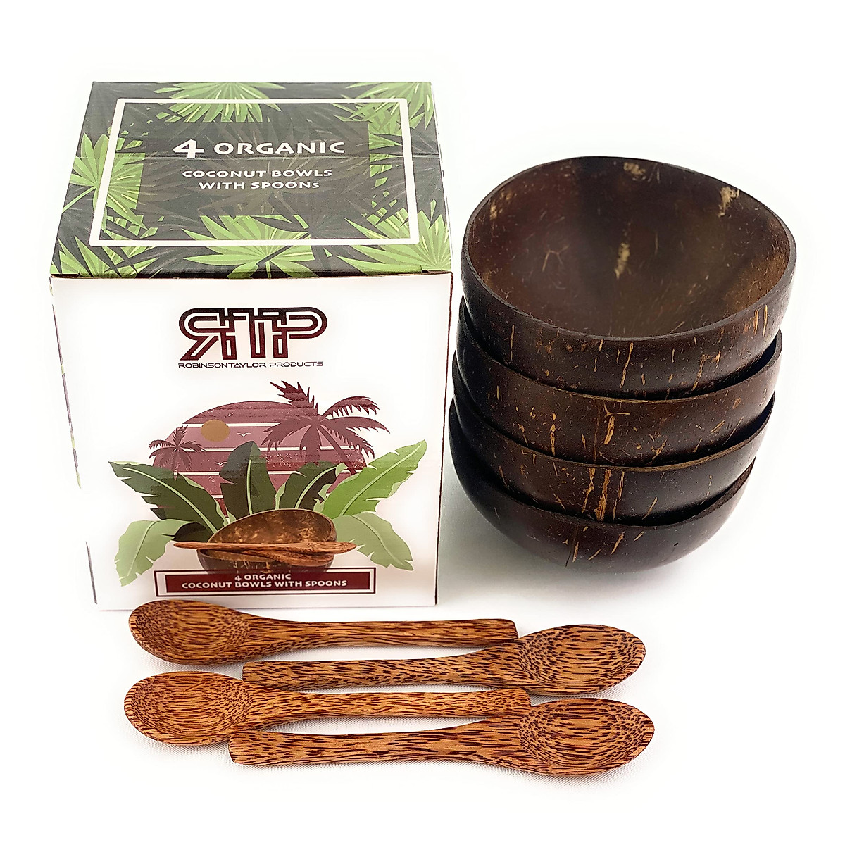 RobinsonTaylor Products 4 Organic Coconut Bowls with Spoons: Set of 4-100% Natural, Vegan, Organic, Eco-Friendly and Plant Polished Coconut Bowls with Wooden Spoons