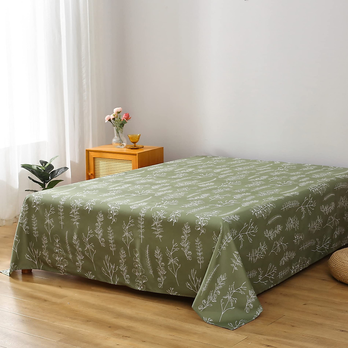 FULTEMPS Floral Sheets Set, Premium 100% Microfiber Flowery Beding Set Elegant Gingko Leaf Printed Farmhouse Bedding White Plants Deep Pocket Fitted Bed Sheets (King, Sage Green)