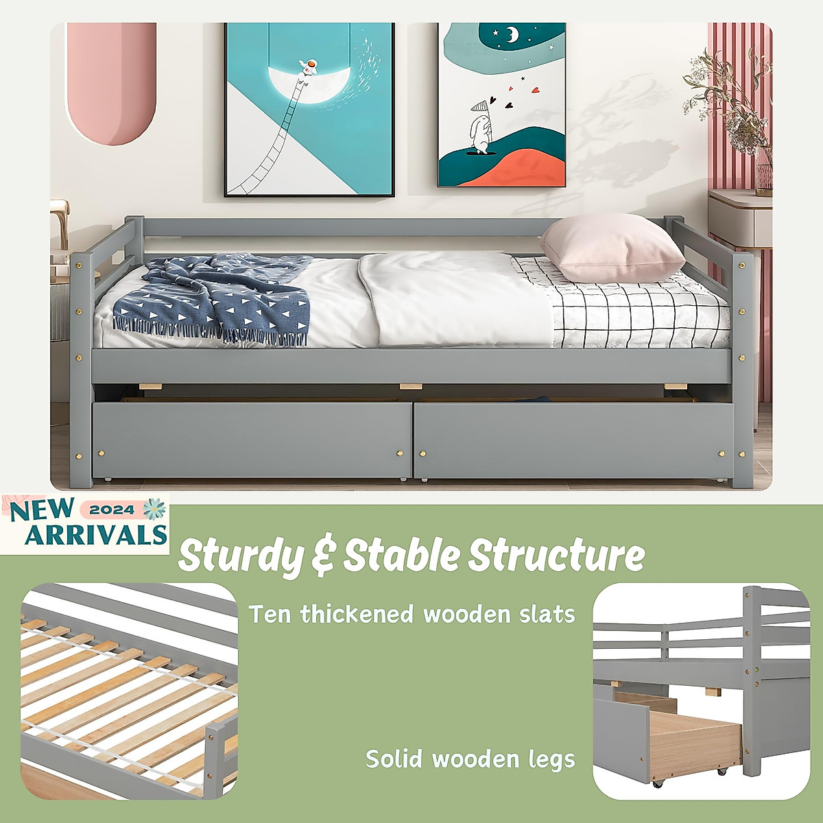 Harper & Bright Designs Twin Daybed with 2 Storage Drawers, Wooden Twin Size Daybed Frame, Dual-Use Daybed Sofa Kids Bed for Living Room,Guest Room,Children Room, No Box Spring Needed, Gray