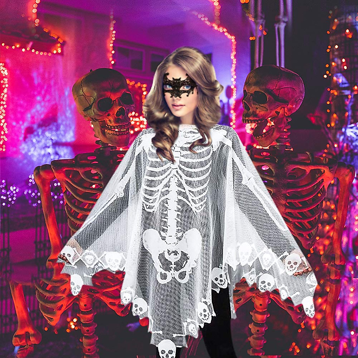 Qerhod Women's Skeleton Halloween Costume Skeleton Cape Poncho,Includes Masquerade Mask for Halloween(White)