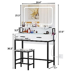 Fameill White Vanity Desk with Lights,Glass Top Makeup Vanity Table with Power Strip,Large Mirror Dressing Table Set with 2 Drawers and Hair Dryer Stand,35.4in(L)