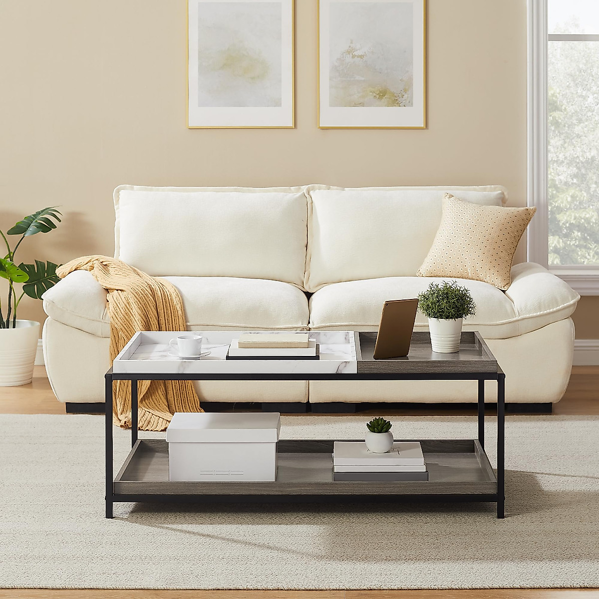 ODIKA Convertible Entertaining Coffee Table - Faux Marble Coffee Table with 2 Removable Trays, 47 Living Room Table, Modern Coffee Table for Living Room, Coffee Table with Storage Furniture, Walnut