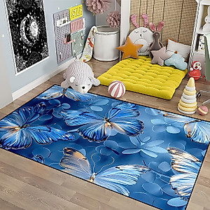 Butterfly Rug - Blue Butterfly Rugs for Girls Bedroom Living Room Kids Room Decor Modern Dreamy Butterfly Theme Carpets Floor Polyester Yoga Mat, 2'5''×4'