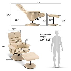 MCombo Recliner with Ottoman, Reclining Chair with Massage, 360 Swivel Living Room Chair Faux Leather 7902 (Cream White)