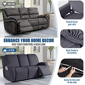 TAOCOCO Recliner Sofa Slipcover, 3 Pieces Polyester Fabric Stretch Sofa Covers for 3 Seat Reclining Couch, Soft Washable Furniture Protector with Pockets (3 Seat, Dark Gray)