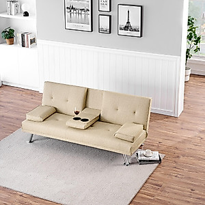 Daesar 67" Beige Leather Multifunctional Double Folding Sofa Bed for Office with Coffee Table