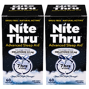 Nite Thru Advanced Sleep Aid Melatonin Dietary Supplement, 10mg Capsules, 60 Count (Pack of 2)