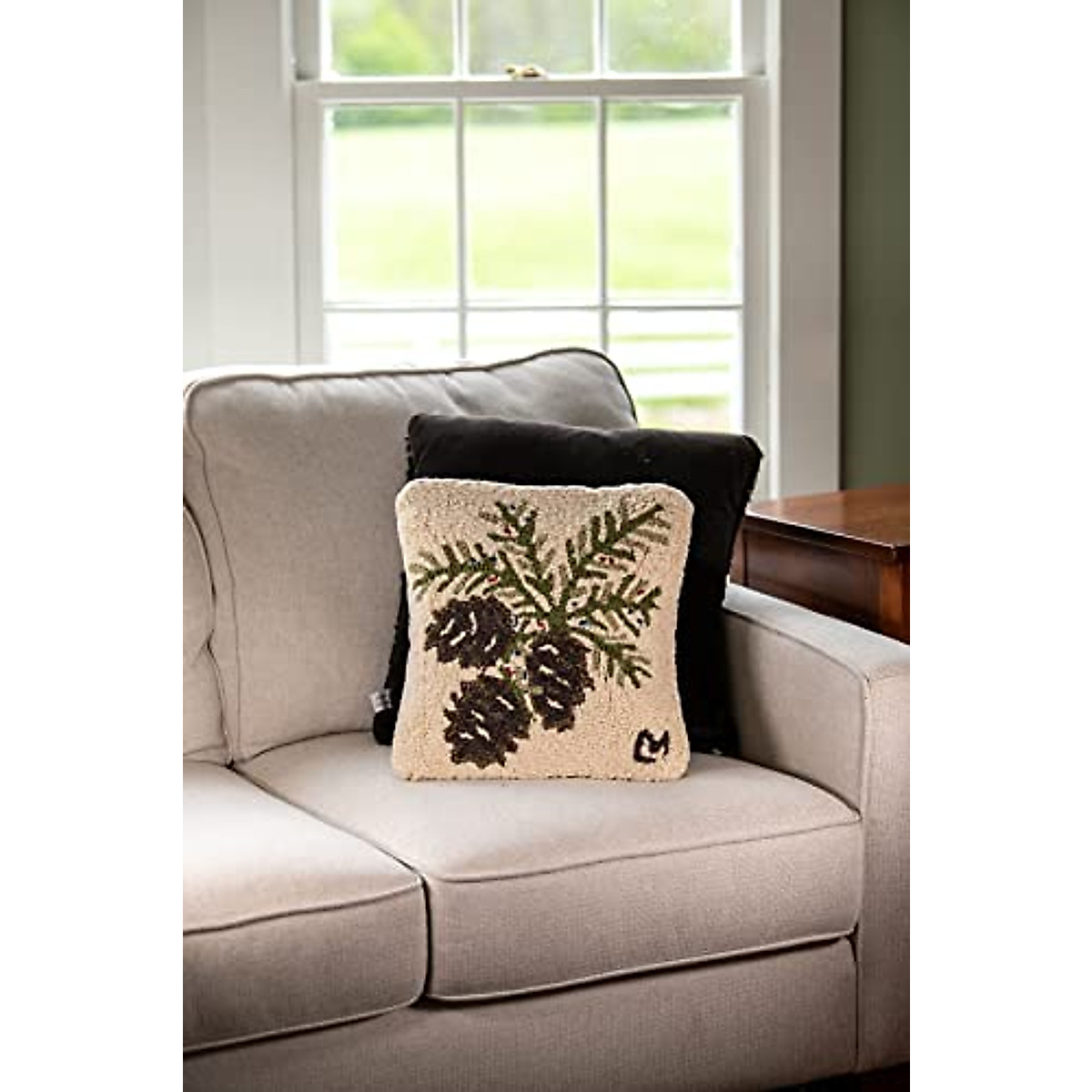 Chandler 4 Corners Artist-Designed Pinecones & Berries Hand-Hooked Wool Decorative Throw Pillow (14” x 14”)