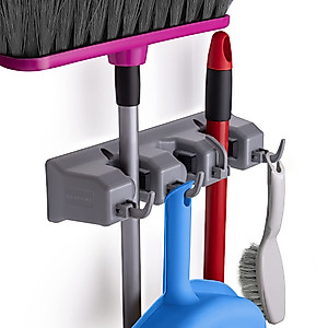 Zulay Home Mop and Broom Organizer Wall Mount - Easy to Install Mop and Broom Holder Wall Mount for Storing Cleaning Supplies - Organizer Utility Racks Mop Holder and Broom Hanger (3 Slots, Gray)