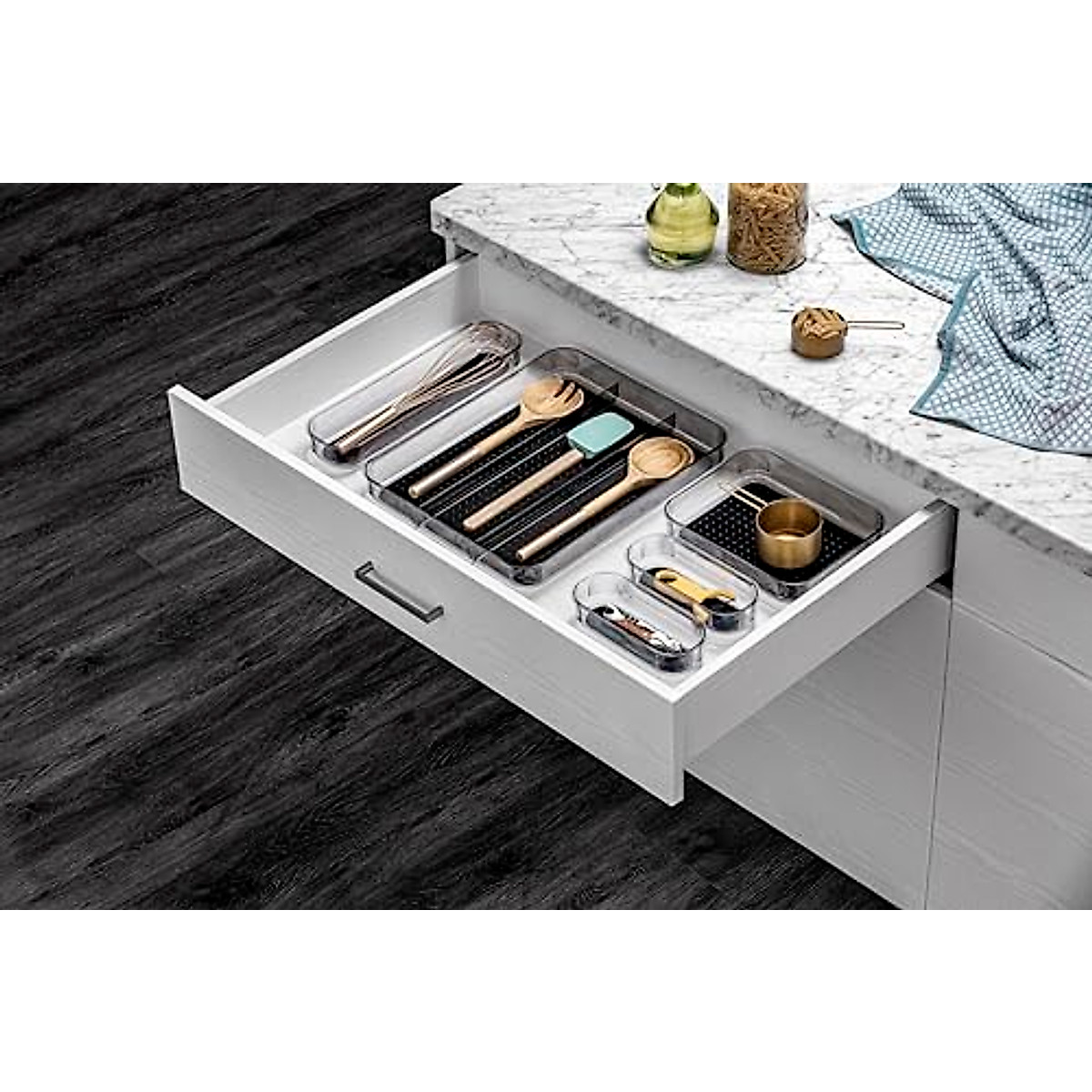 madesmart Utensil Tray - Large | Light Grey | Clear Soft Grip Collection | 3-compartment | Soft-grip Lining | Non-slip Feet | BPA-free