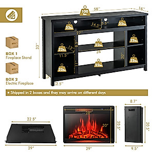 Tangkula 58 Inches Fireplace TV Stand for TVs up to 65 Inches, Modern Entertainment Center w/ 28 Inches Fireplace Insert, Remote Control, Electric Fireplace TV Console Table (Black)