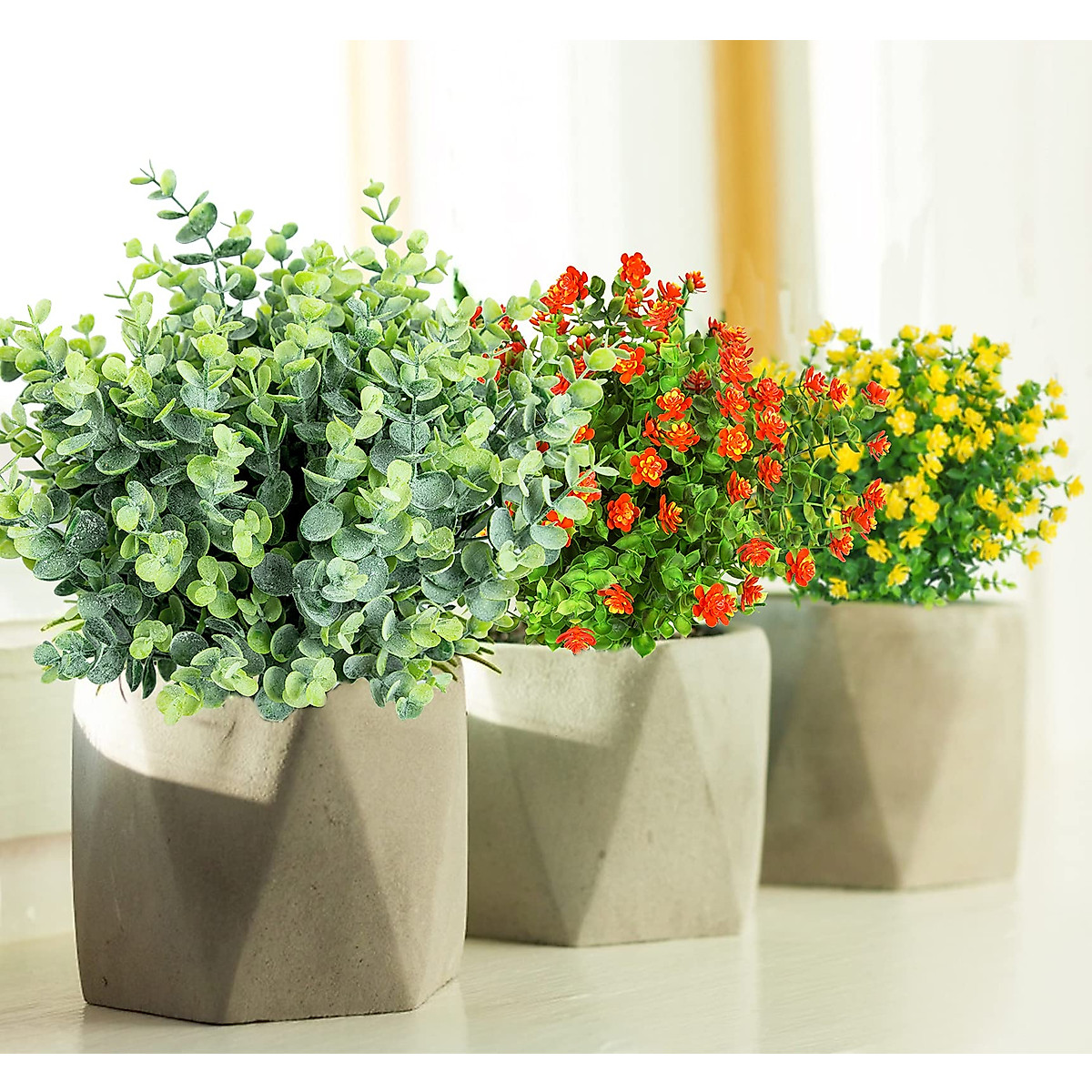 6 Bundles Artificial Boxwood Shrubs Eucalyptus Greenery Stems Fake Plants Outdoor Fade Resistant Faux Plastic Plants for Garden Home Porch Patio Window Box Bedoom Decor, Frosted Green