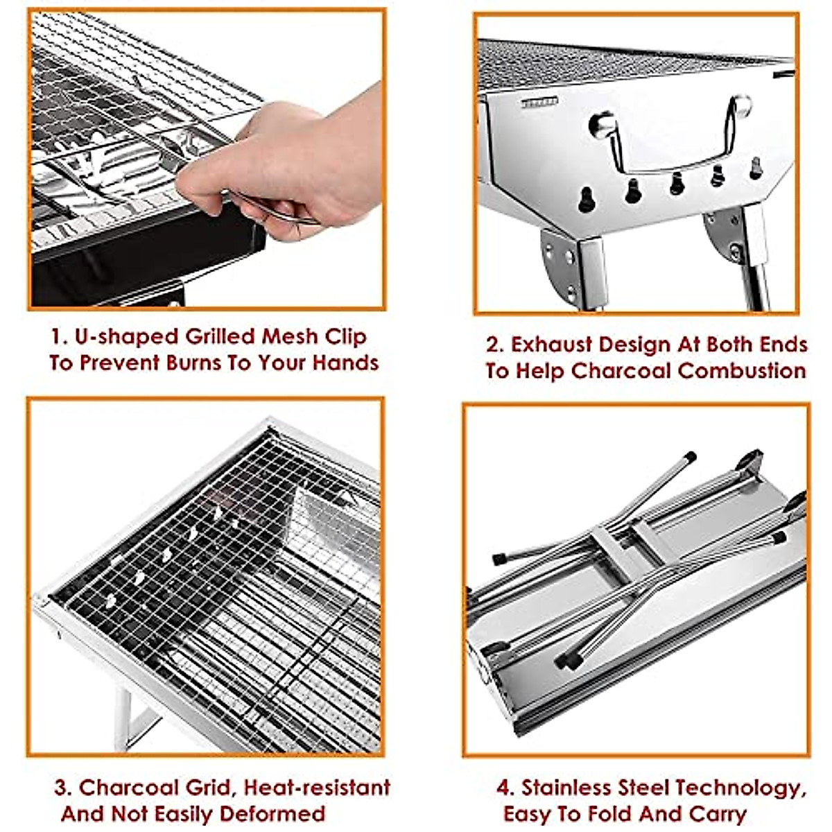 Charcoal Grill, Stainless Steel Camping Grill, Portable BBQ Grill Large Folding Barbecue Grill, Hibachi Grill for Outdoor Picnic, Patio, Garden Backyard & Camping, Suitable for 6 to 13 people