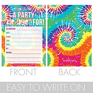 DISTINCTIVS Tie Dye Birthday Party Invitations - Peace, Love, Party - 10 Fill In Invite Cards with Envelopes - Kid, Tween or Teen 60s Groovy Themed Party Supplies