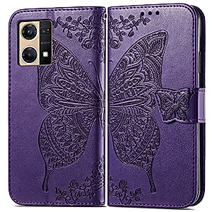 ONV Wallet Case for Oppo Reno 7 4G - Butterfly Embossed Leather Folio Case [Magnetic] [Card Slots] [Kickstand] [Wrist Strap] +TPU Shell for Oppo Reno 7 4G [HZD] -Violet