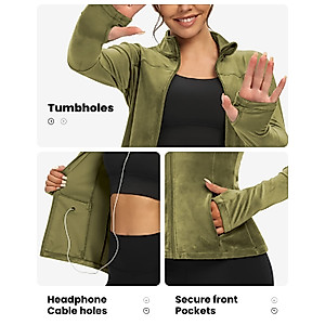GYM RAINBOW Womens Velvet Workout Jackets Full Zip Lightweight Athletic Running Jacket with Pockets(#1 Green,X-Large)