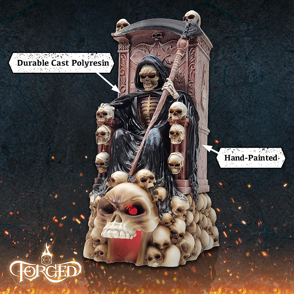 Forged Dice Co. Grim Bones Dice Tower with LED Skull - Hand Painted Grim Reaper Dice Rolling Tower Made from Heavy Duty Resin - Compatible with DND Accessories and Tabletop RPG Games
